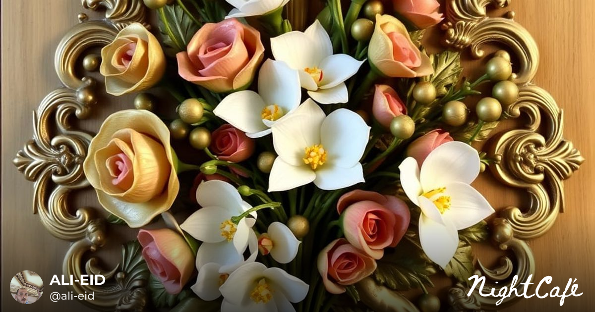 A lavish carving panel features: Bouquet Arrangement, made of BRASS carving roses, viburnums ...