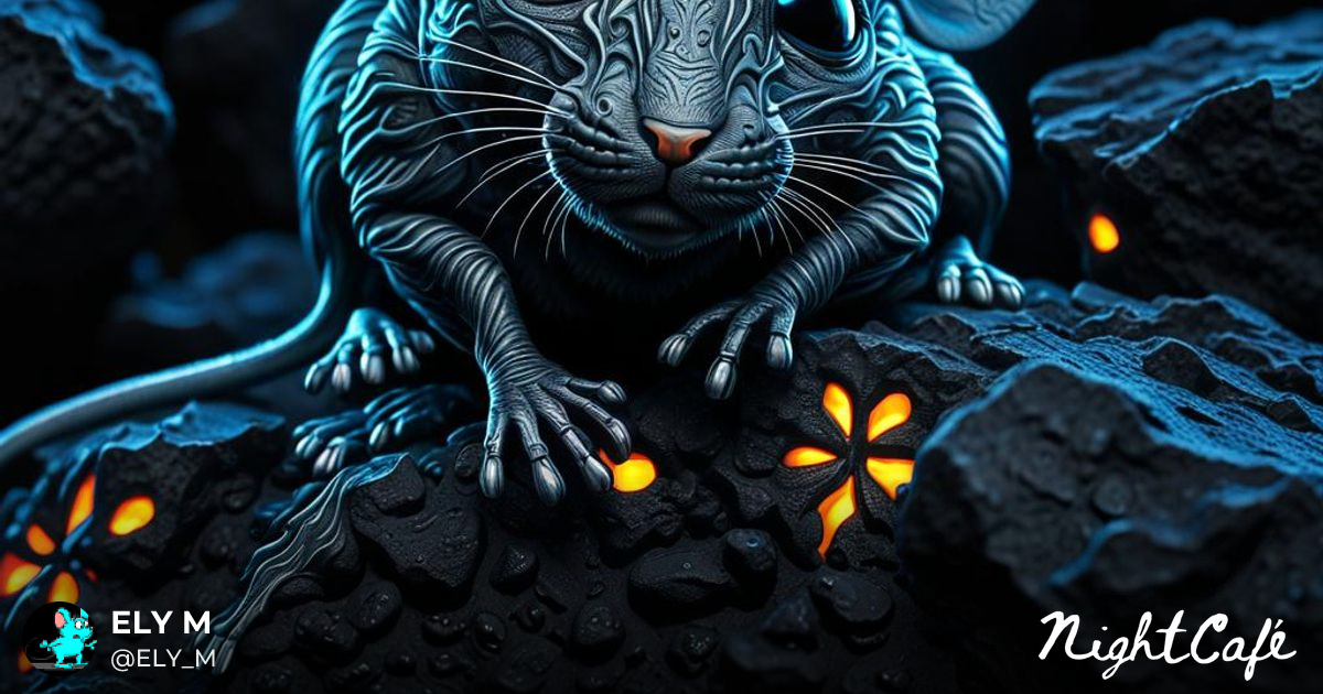 Fluorescent Chibi Mouse on Lava Rock: Macro Photog... - AI Art