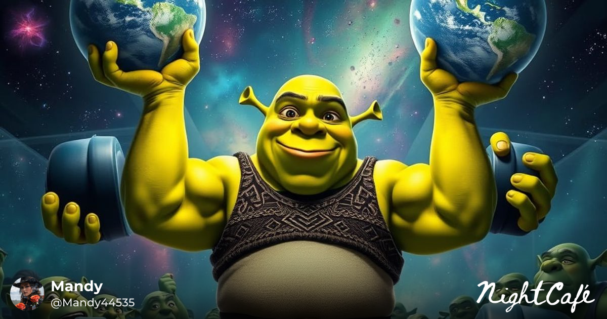 Hyperrealistic Shrek in Cosmic Gym, Lifting Planet... - AI Art