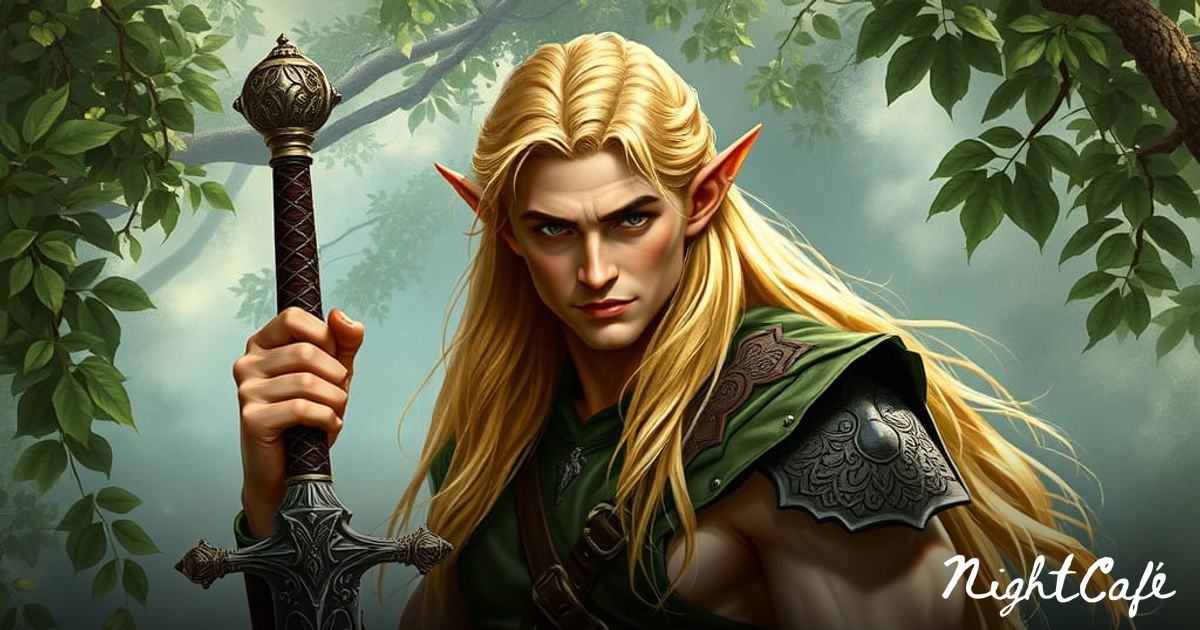 Strong elf ranger with long blonde hair, wearing green and brown ...