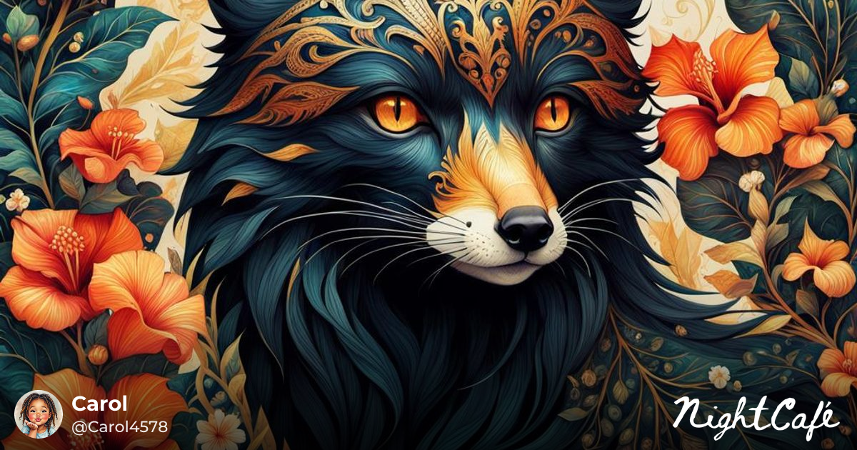 Melanistic Fox with Hibiscus in Batik Illustration - AI Art