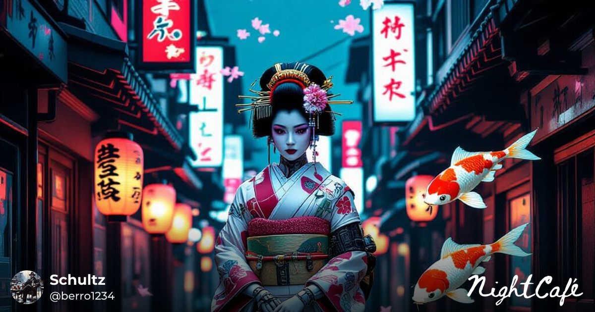 A gothic punk cyborg geisha stands in a neon-lit alleyway in Tokyo ...