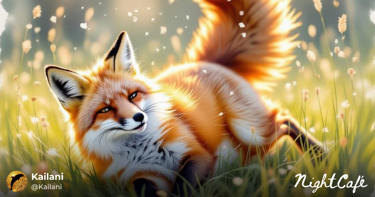 Cool Fox Tumbles in Sunlit Grass, Watercolor Style - AI Art