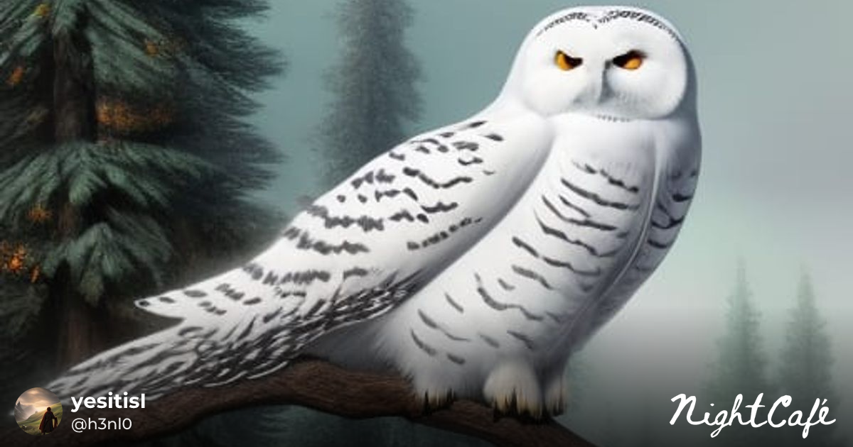 angry hedwig - Fluffy Snowy Owl on Pine Branch Digital Paint...
