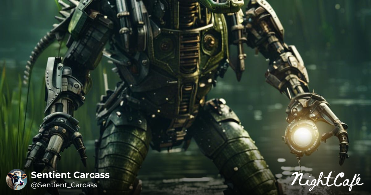 A humanoid robotic alligator in swampy water, holding a light