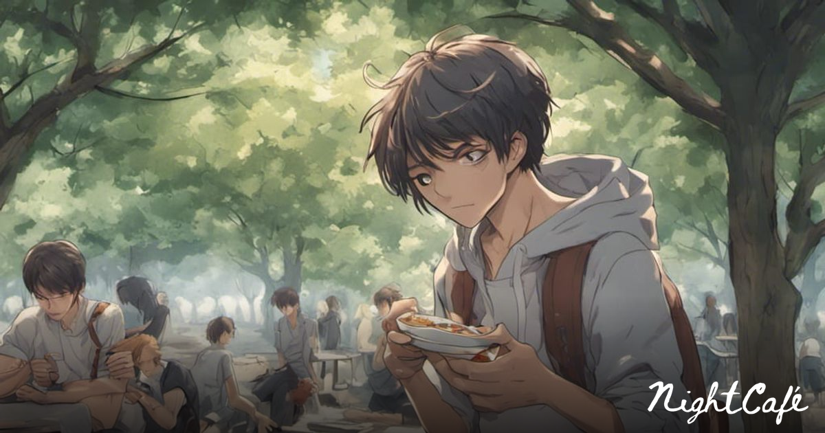 Anime Man Eats Soup in Park: Hyperrealistic - AI Art