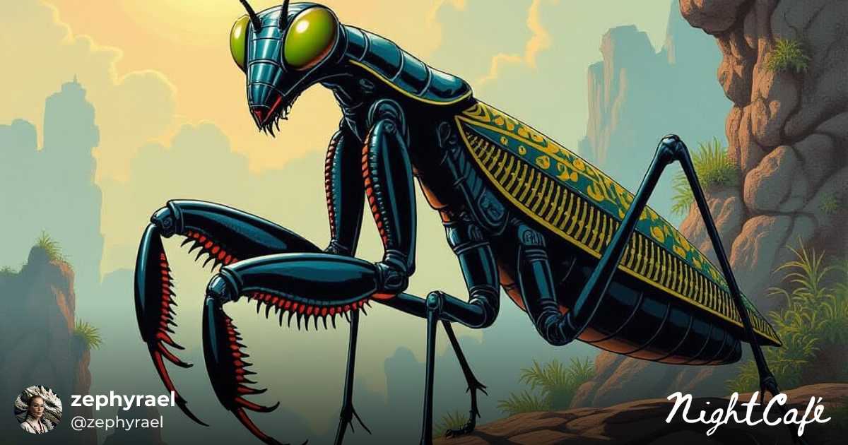 Black Praying Mantis, Exoskeleton, Bold patterns, Acrylic paint ...