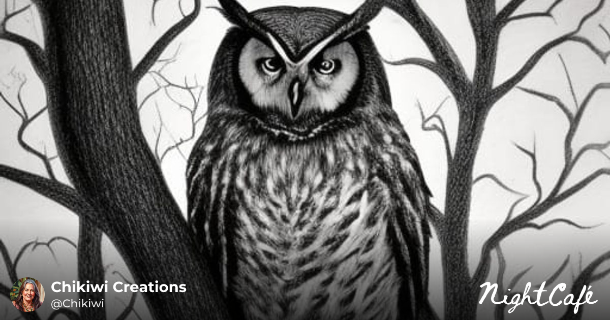 Owl Drawing with Glowing Eyes - Menacing Owl in Tree: Charco...