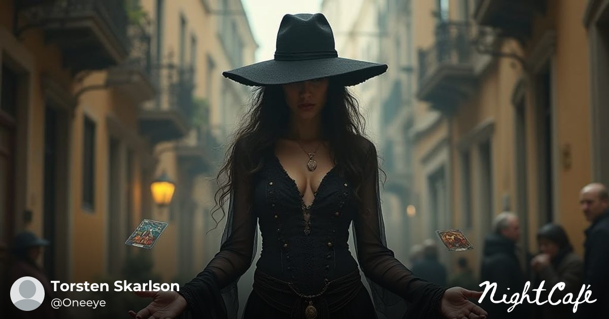 Mysterious Gypsy Woman Navigates Stone Street with... - AI Art