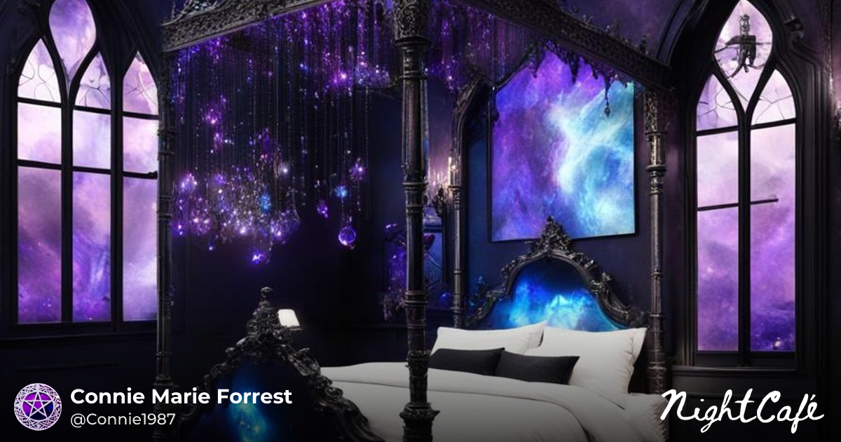 Ethereal gothic bedroom with purple labradorite walls with blue ...
