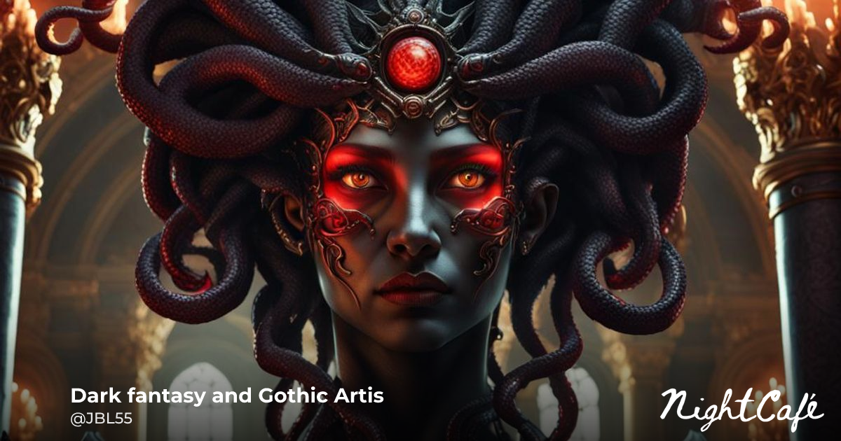 Photorealistic head and shoulder portrait of a majestic evil medusa ...