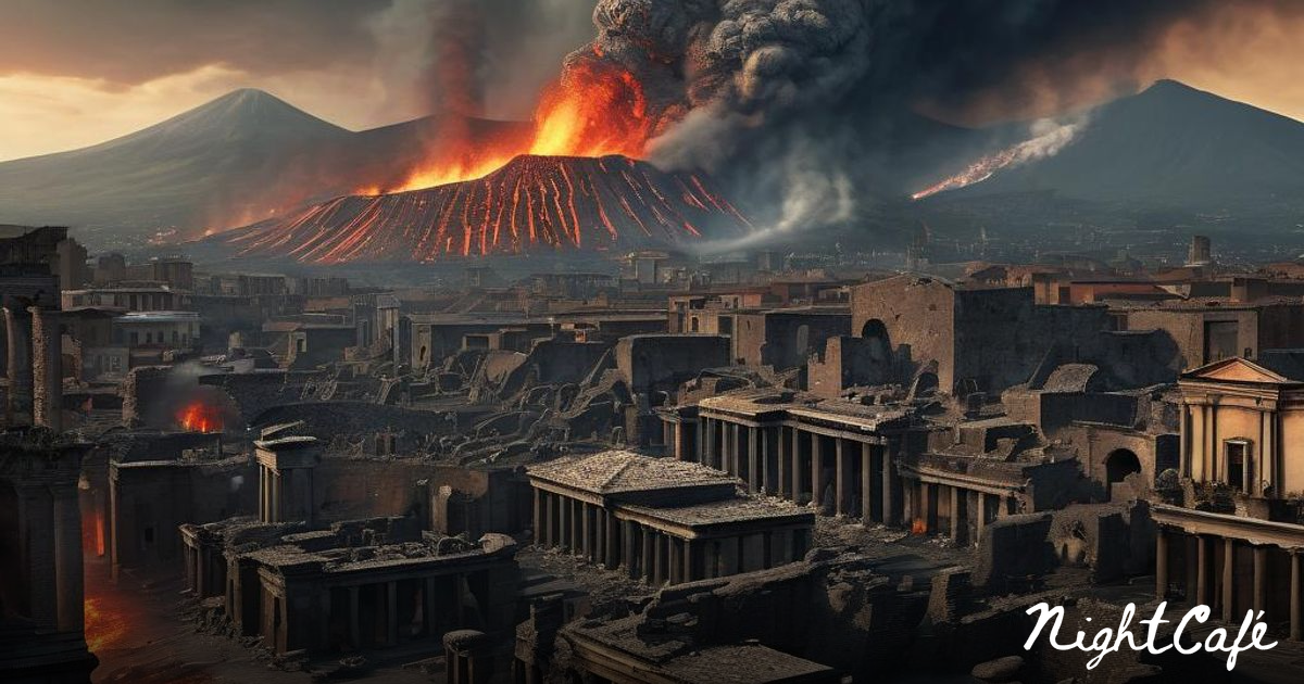 Mount Vesuvius engulfing the ancient city of Pompeii.