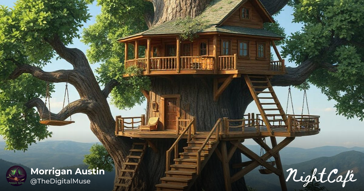 A multi-level treehouse village with ladders, swings, and secret rooms