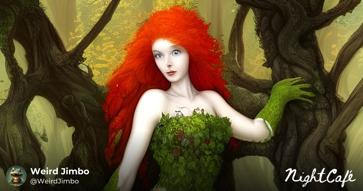 Red-Haired Dryad Emerges in Magical Forest, Digita... - AI Art