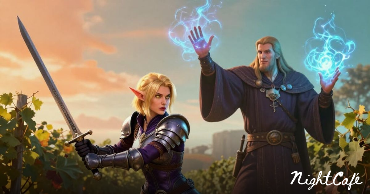 Elf Warrior and Priest Battle Hyenas in Vineyard - AI Art