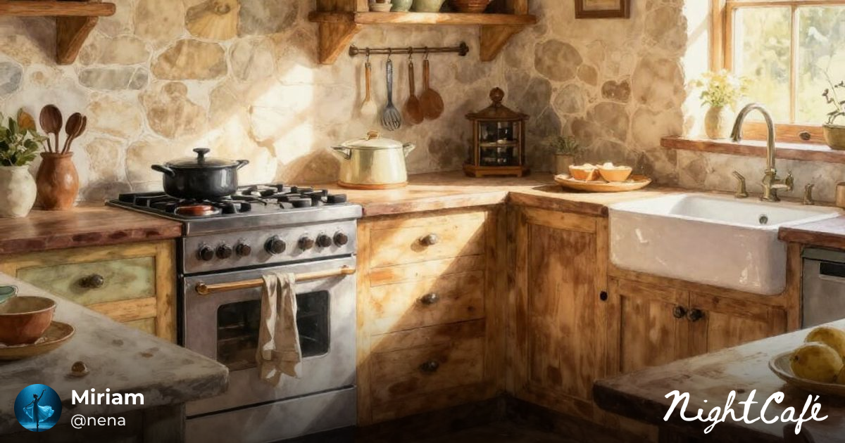 Cozy Sun-Drenched Rustic Kitchen in Watercolor Sty... - AI Art