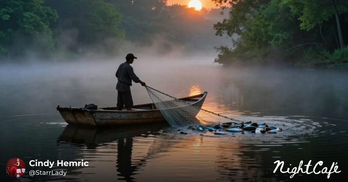 Misty Sunrise Fishing Scene with Fisherman and Net - AI Art