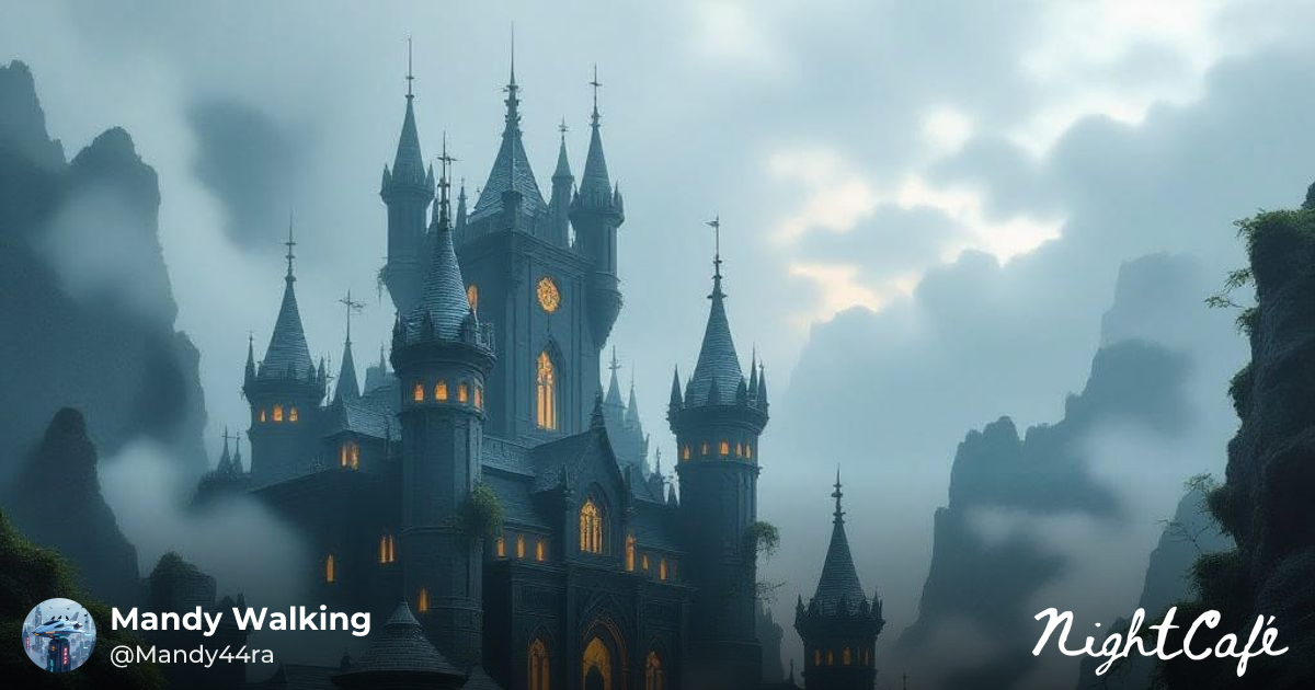 Mystical Basalt Fortress in Mist-Cloaked Ravine - AI Art