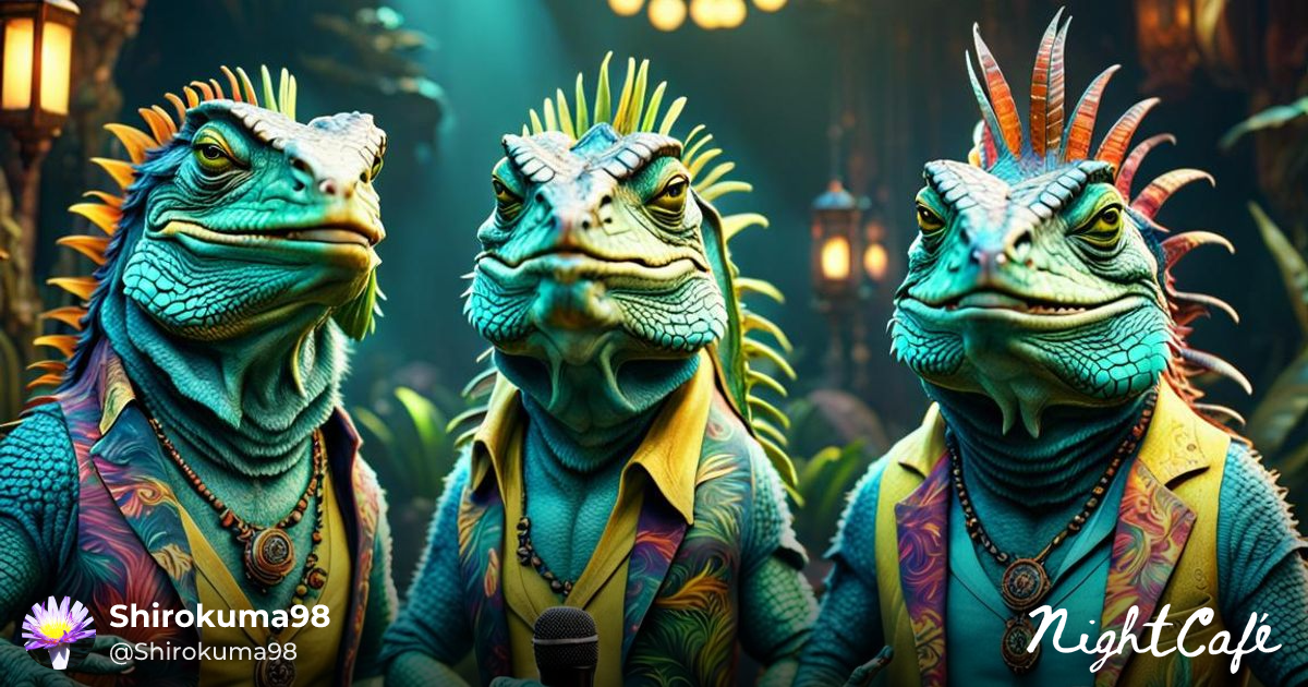 Three iguanas in hippy clothing singing karaoke. detailed matte ...