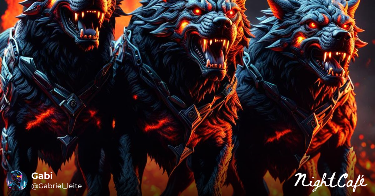 splendid and hellish view of a mighty Cerberus, three fearful heads ...