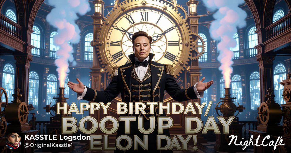 A BIG HIGH DEF clockpunk POSTER FOR ELON MUSK BIRTHDAY THEME TEXT SAYS "HAPPY BIRTHDAY/BOOTUP ...