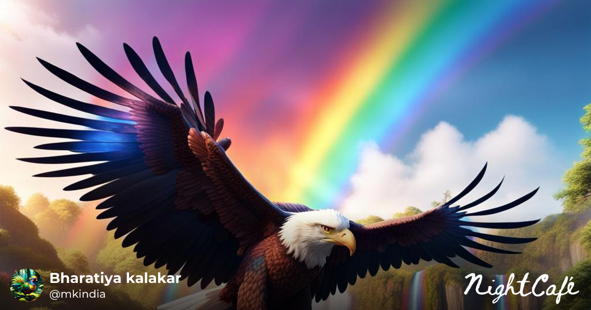 Rainbow Eagle Soaring Above Rainbow Flower Waterfa... - AI Art