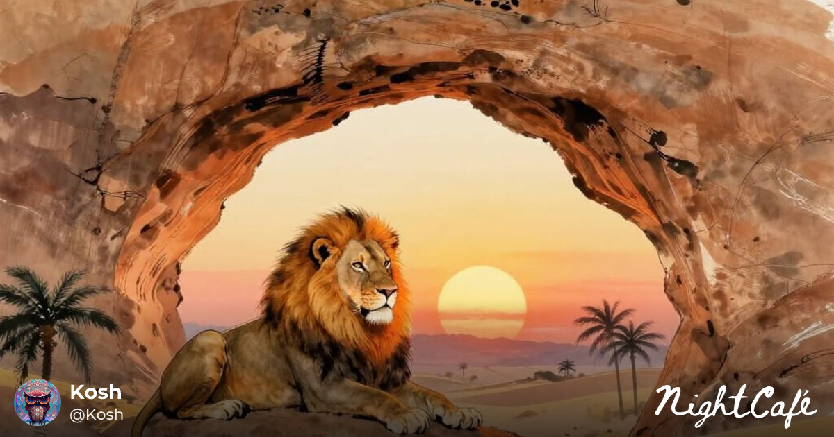 Majestic Lion on Sandstone Arch at Sunset - AI Art