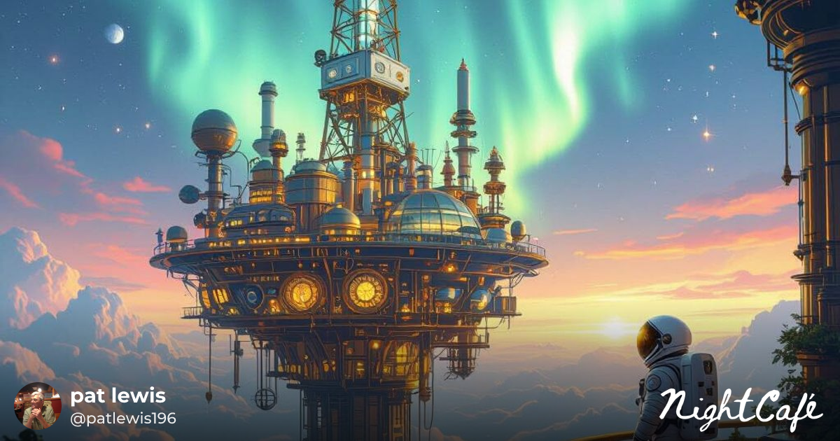 Steampunk Oil Rig Eco-Resort Under Aurora Borealis - AI Art