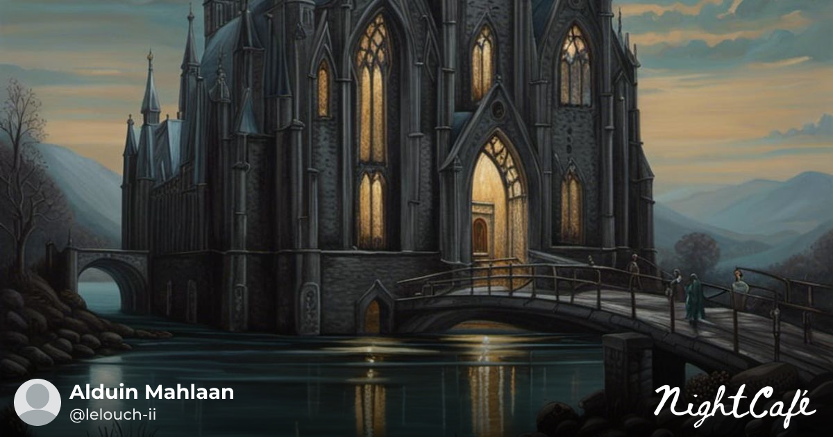 Gothic Castle beside a lake illuminated by moonlight