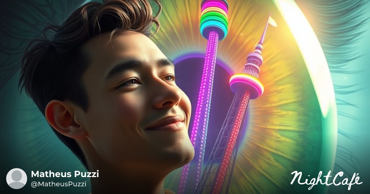 Boy Stares in Awe at Carousel and Tower of Neon Li... - AI Art