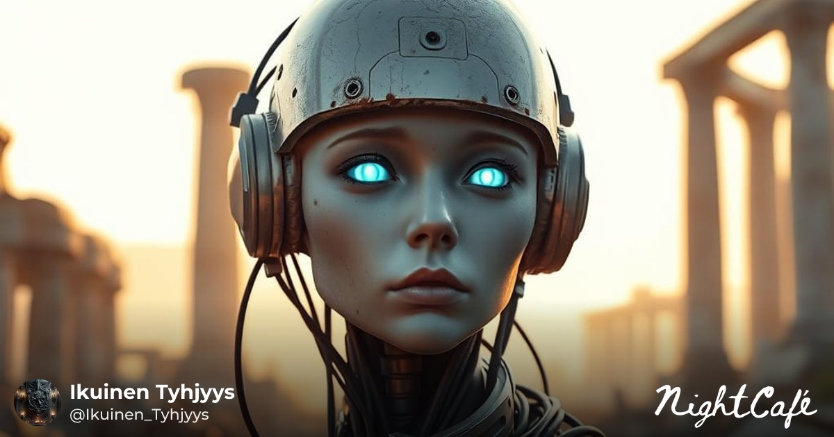 Lone, android robot explorer, clad in a tattered, metallic exosuit ...