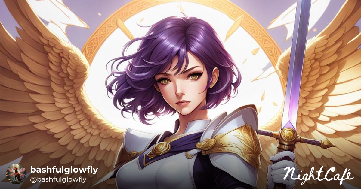 a woman with short purple hair and a sword in her hand, extremely ...