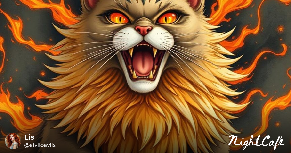 a majestic and fiery cat, with thick, velvety fur, bright orange eyes ...