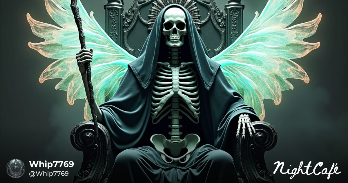 Skeleton King with Crown and Scythe on Throne - AI Art