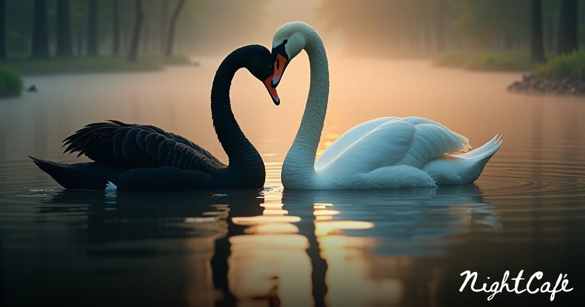 Swans Entwined on Serene Lake in Cinematic Lightin... - AI Art
