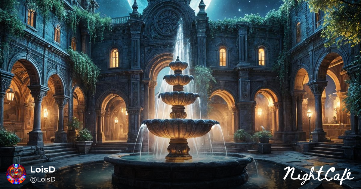 A glowing fountain in a moonlit courtyard, with night sky reflections ...