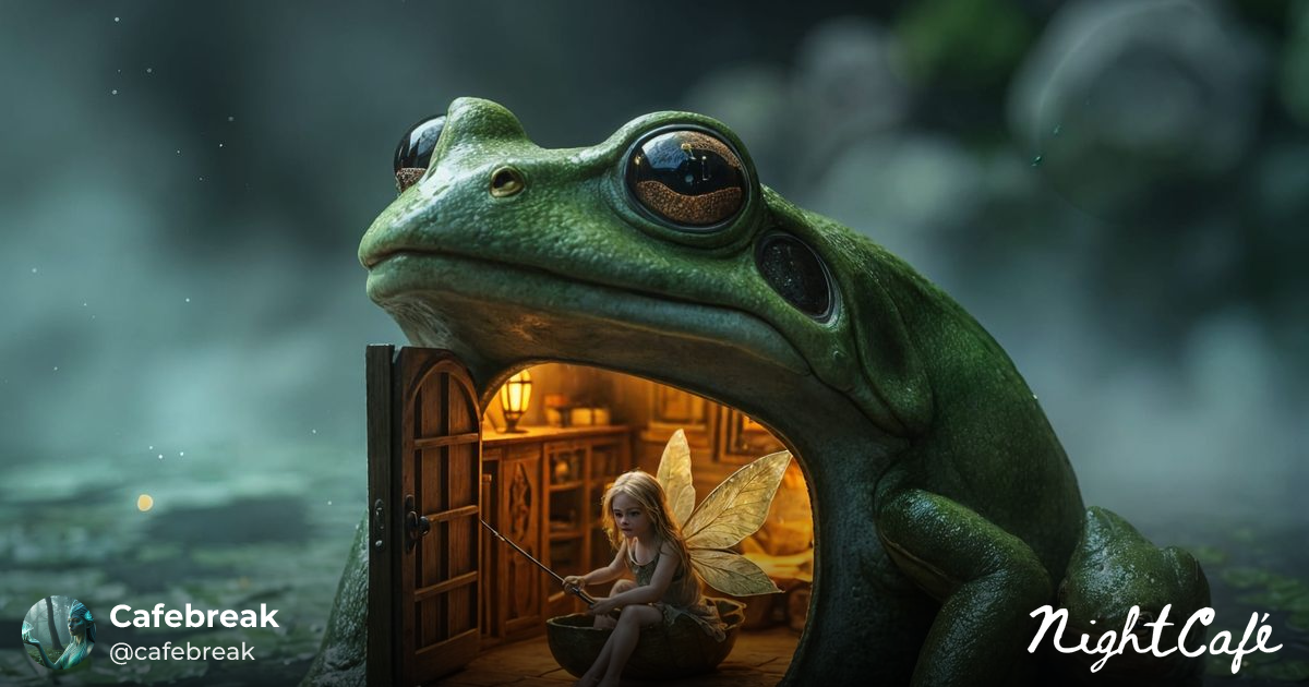 Giant Frog House with Fairy in Misty Pond - AI Art