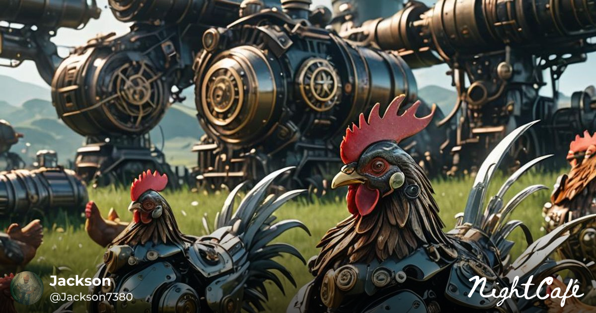 Cyborg chickens in the lush green field
