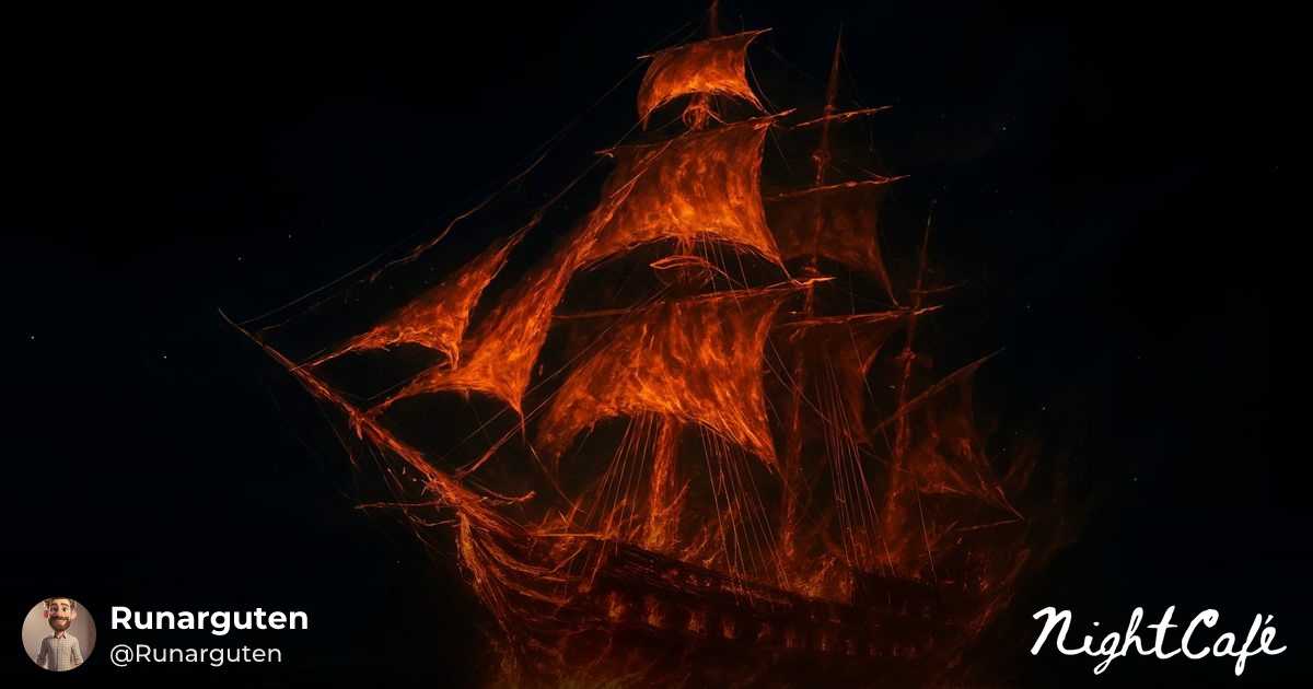 Phantom Pyre of the Sea - Fiery Ghost Ship Sailing a Dark Oc...