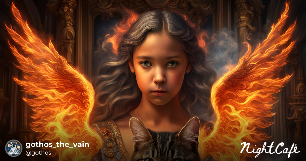 Flaming Angel with Burning Cat, Hyperdetailed HDR - AI Art