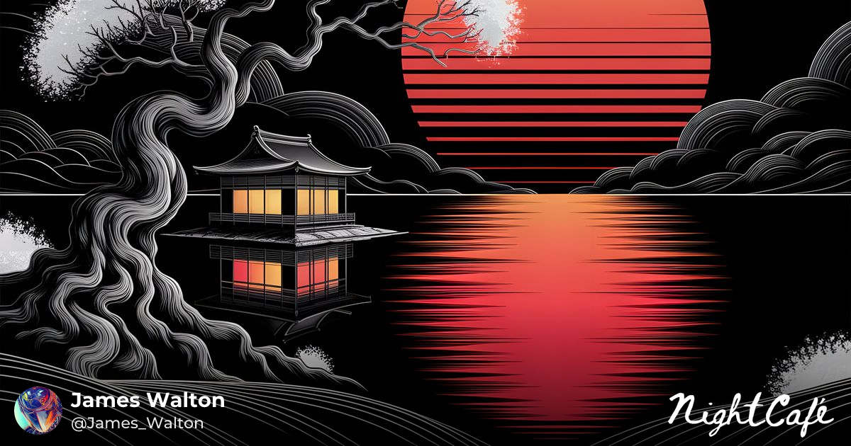 Japanese Tree Silhouette with Red Sun, Digital Pai... - AI Art