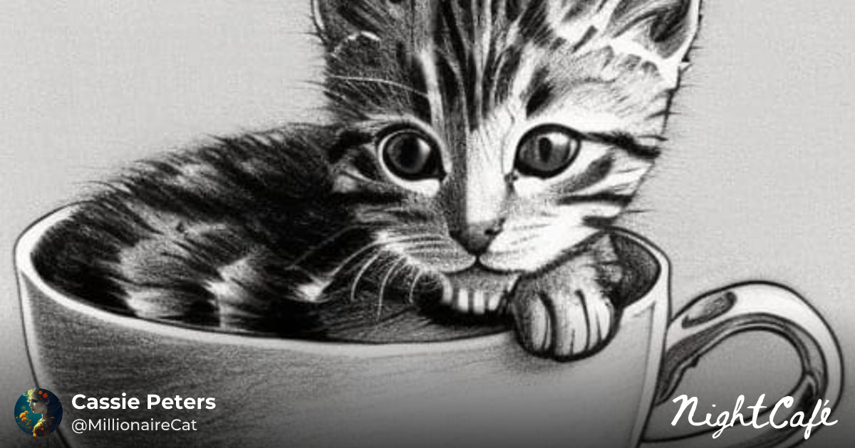 Detailed Pencil Sketch of Kitten in Teacup - AI Art