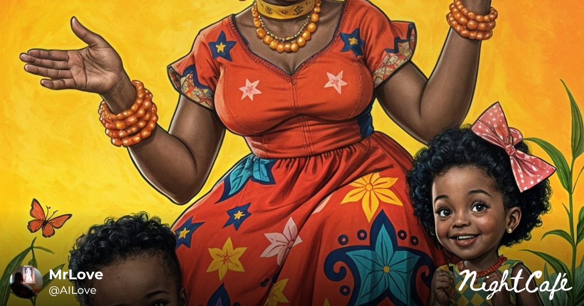 Afrocentric Mother and Children Play in a Vibrant ... - AI Art