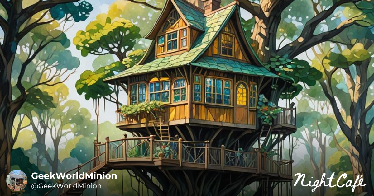 Stained Glass Frog Treehouse in Gouache Watercolor... - AI Art