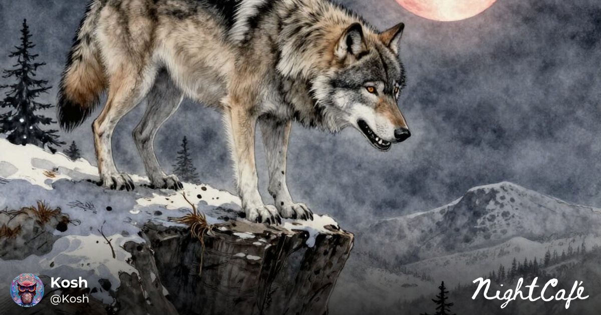 Hyper Detailed Wolf on Mountain Cliff Edge Under B... - AI Art