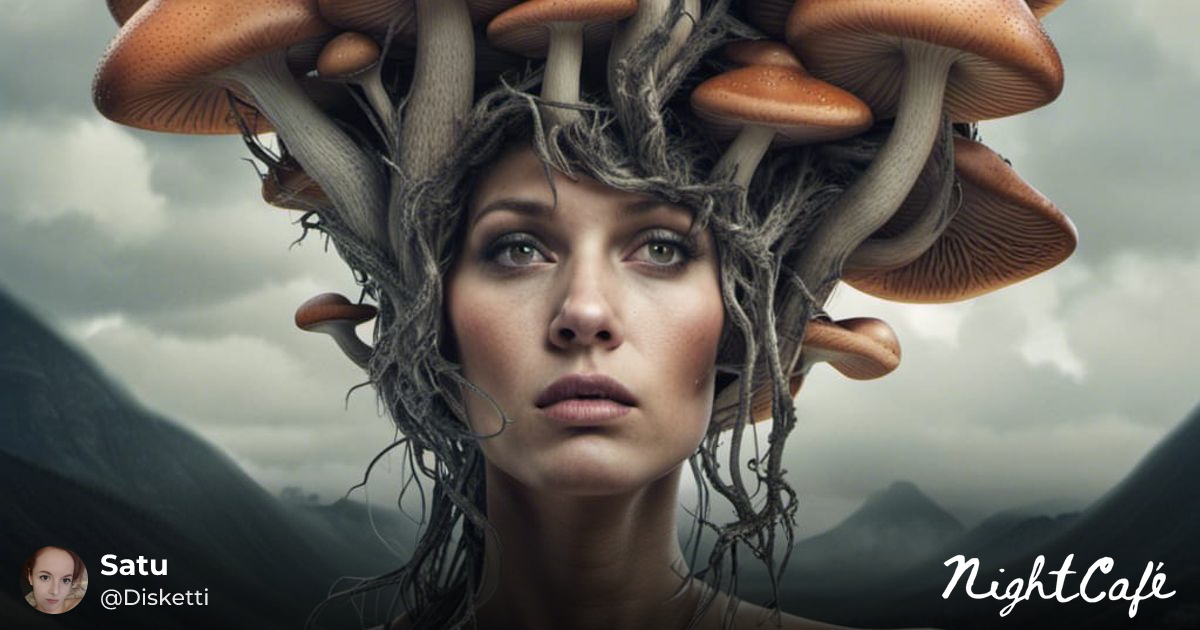 Symbiotic Alien: Mushrooms Grow on Woman's Head - AI Art