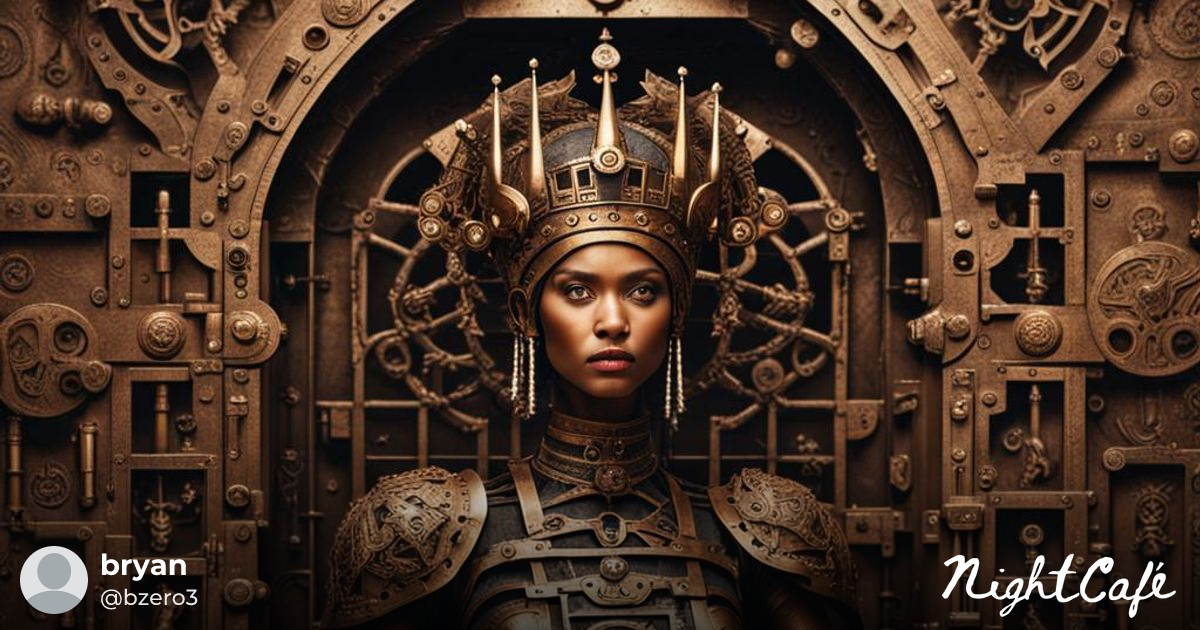 Bronze Mechanical Queen in Iron Hall with Glyphs - AI Art