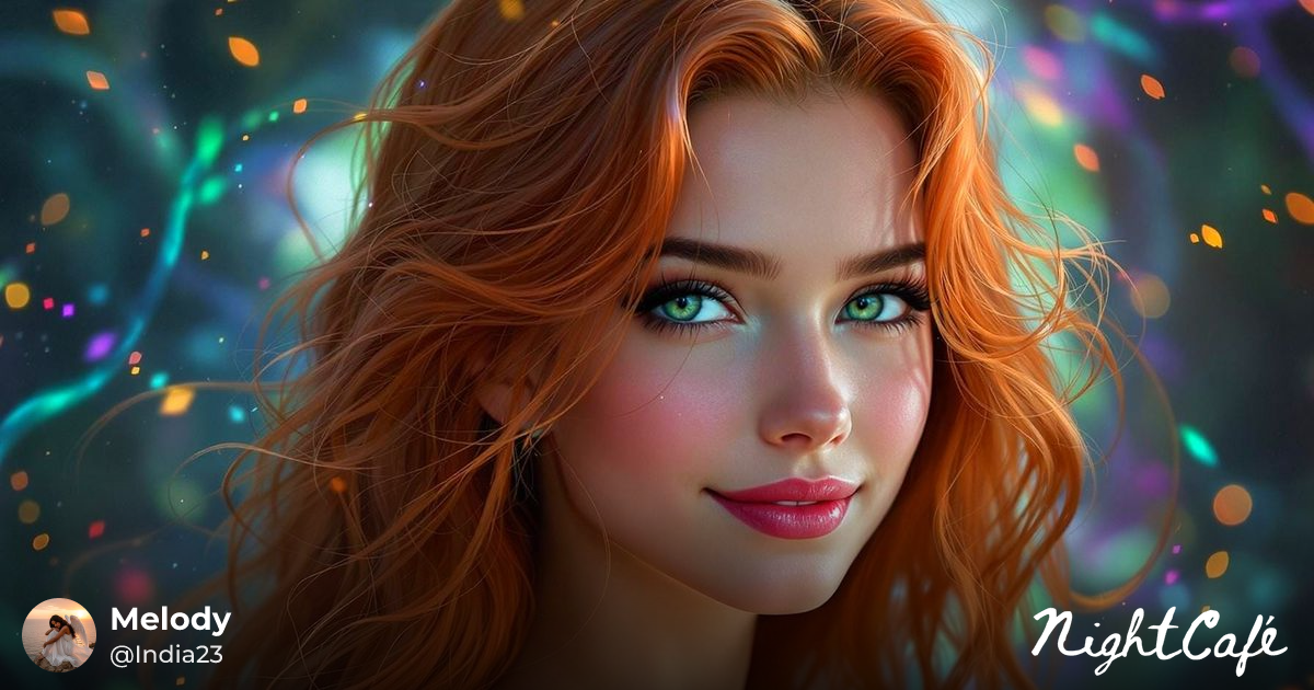 In a burst of light, a fiery-haired muse dances with the stars, her emerald eyes reflecting the ...