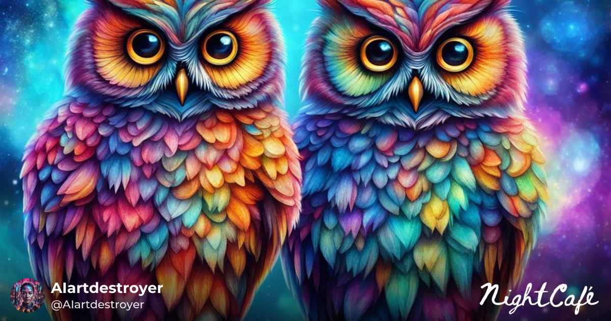 Colorful Fluffy Owls on Branch: Astral Cosmic Illu... - AI Art