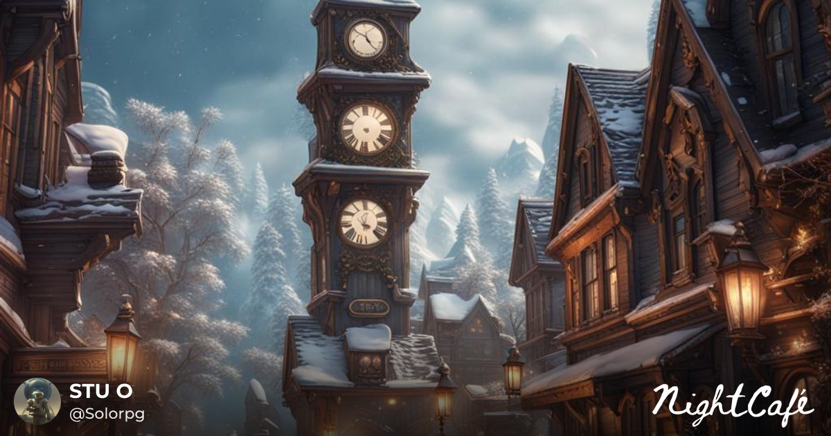 Steampunk Christmas Town with Snowy Clocktower - AI Art